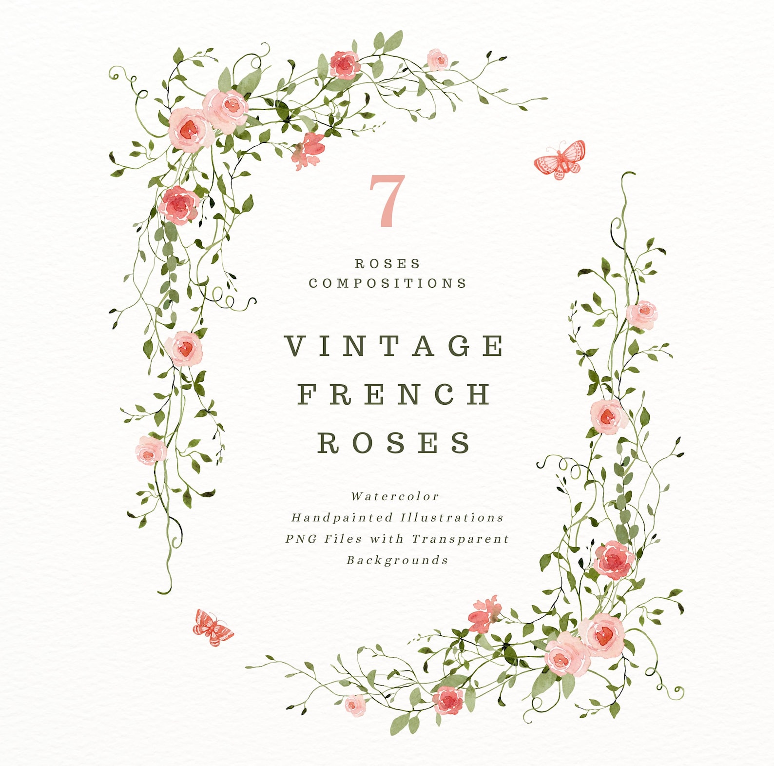 Vintage French Roses With Butterflies Clipart. Baroque Wedding ...