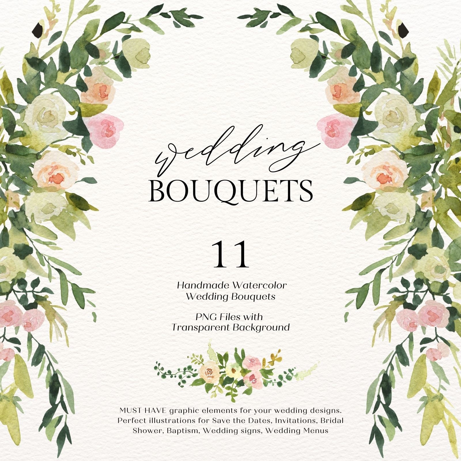 Wedding Bouquets Clipart, Rustic Boho Flower Bunches Illustrations ...