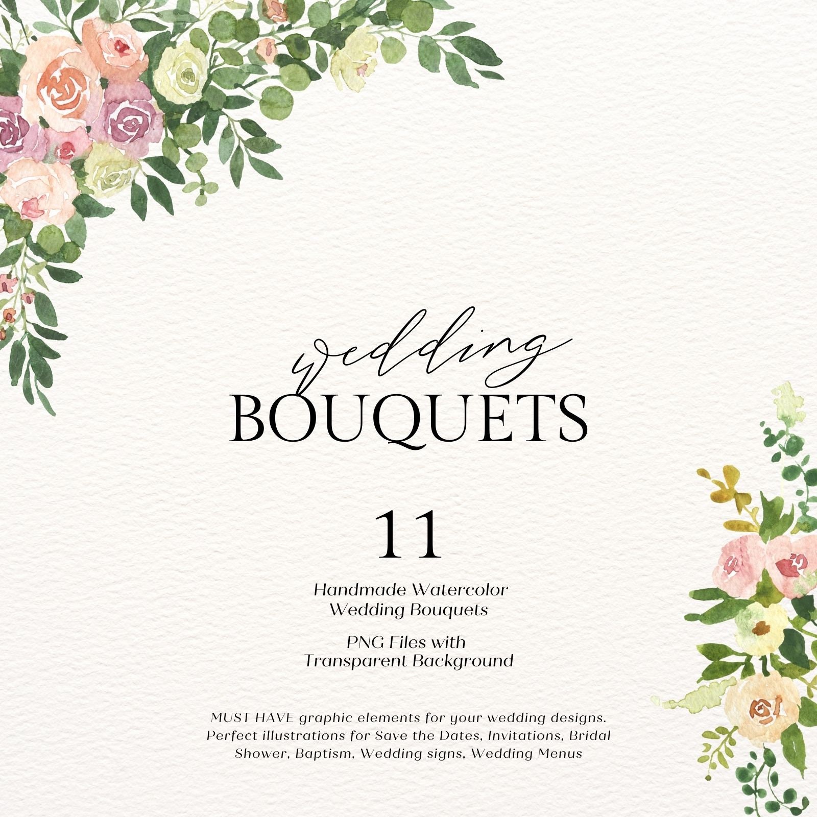 Wedding Bouquets Clipart, Rustic Boho Flower Bunches Illustrations ...