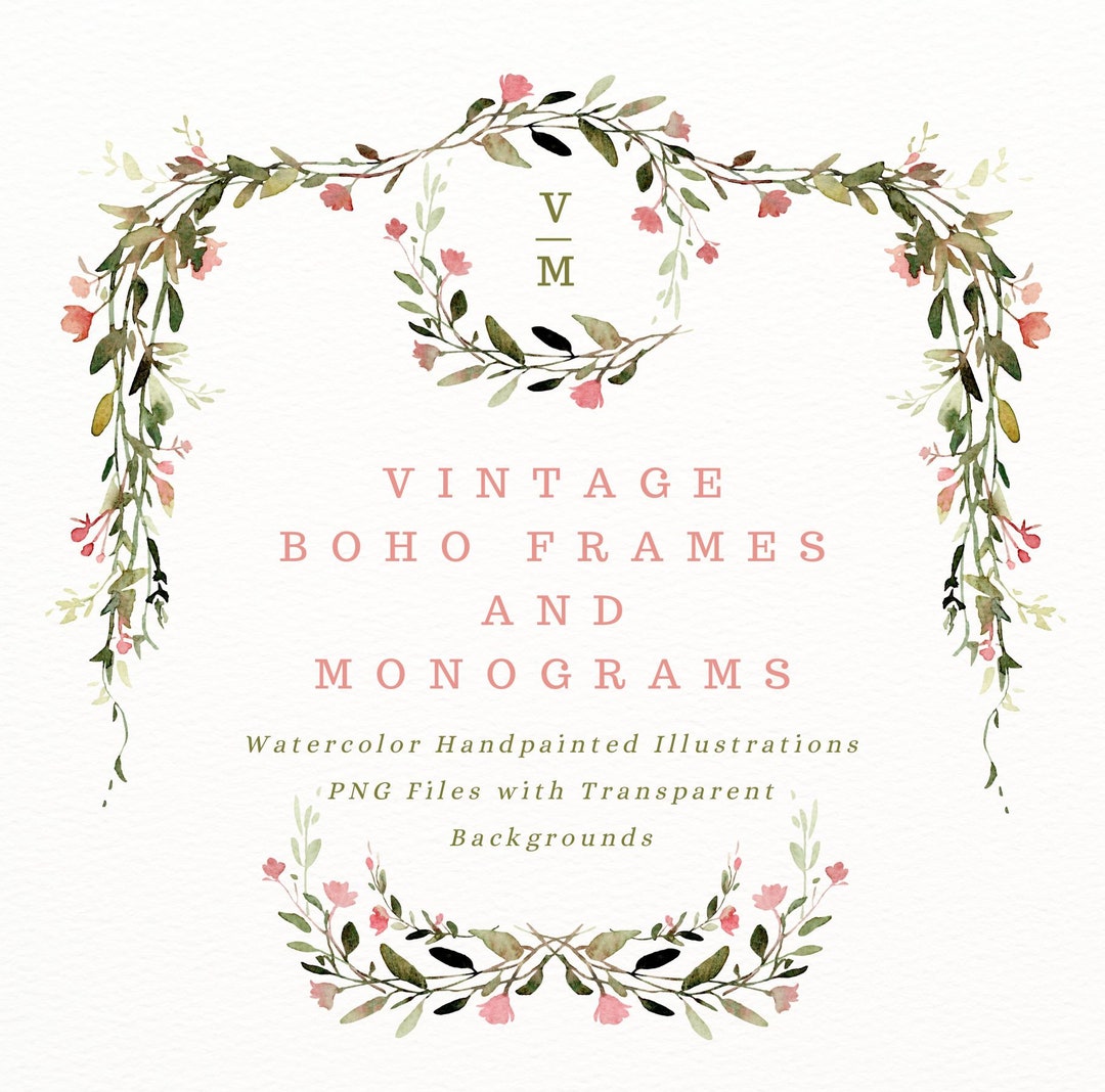 Vintage Boho Foliage Border and Monograms Clipart. Antique Wedding ...