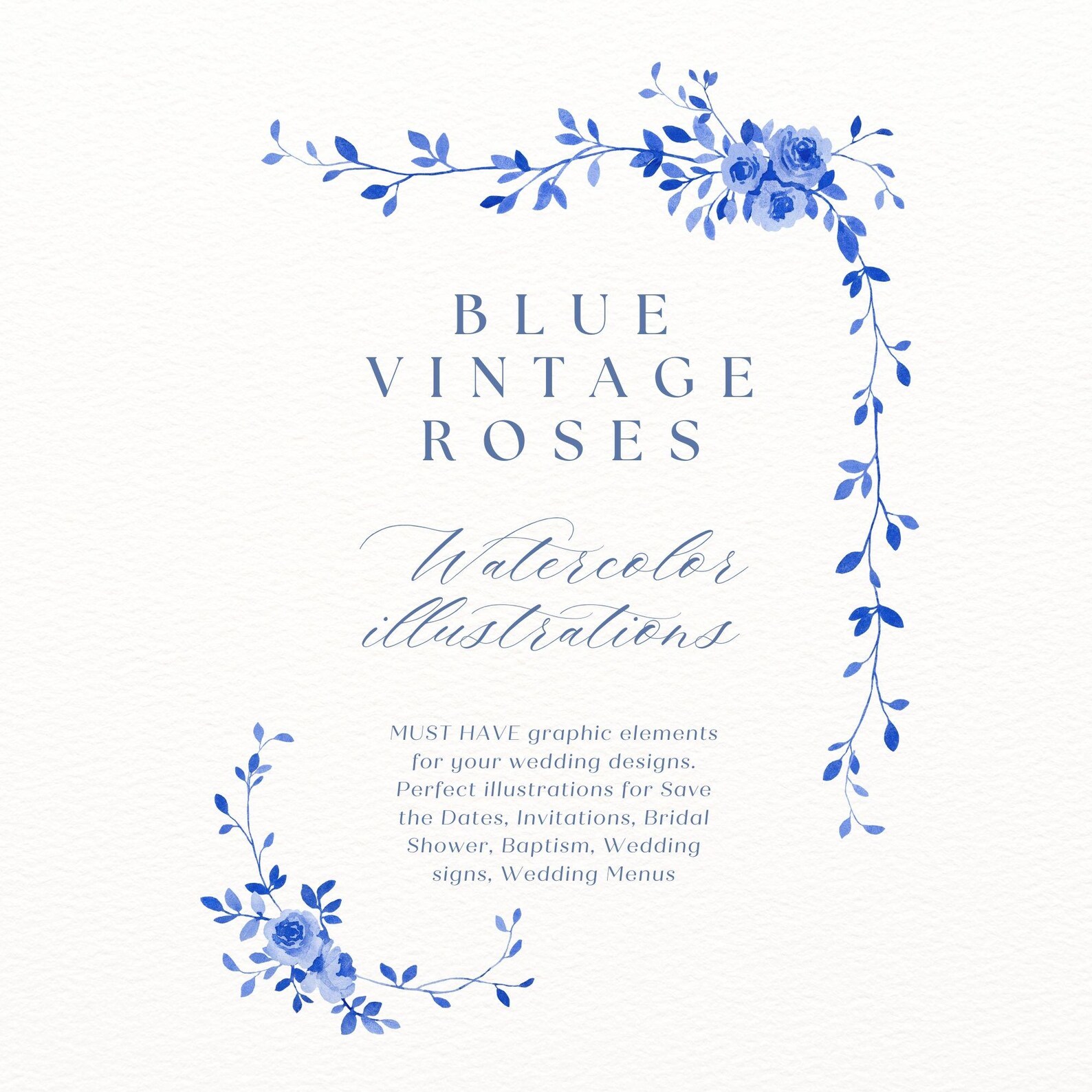 Blue Vintage French Roses Clipart. Baroque Wedding Invitation Decor ...