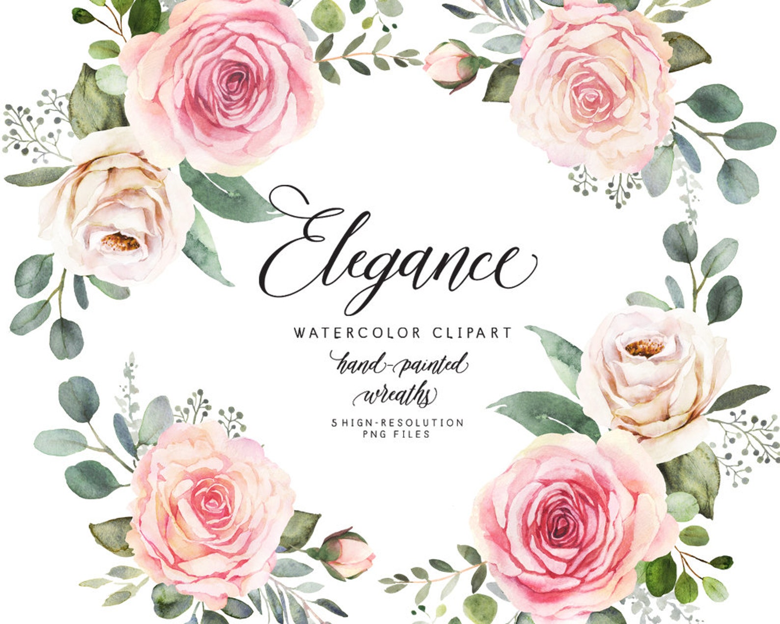 Elegant Watercolor Clipart With Roses and Eucalyptus Greenery - Etsy