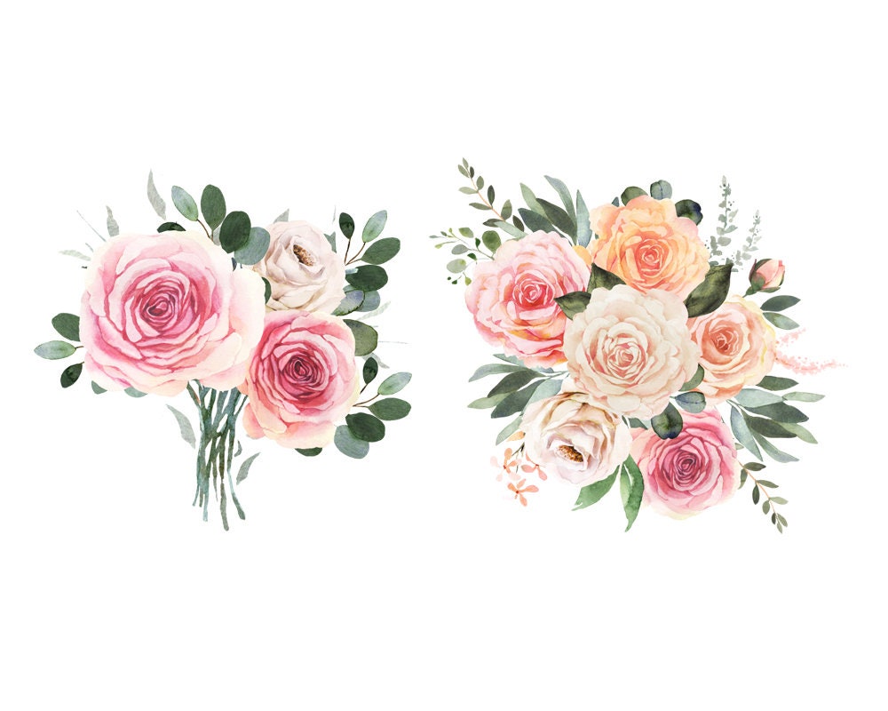 Elegant watercolor clipart with roses and eucalyptus greenery | Etsy