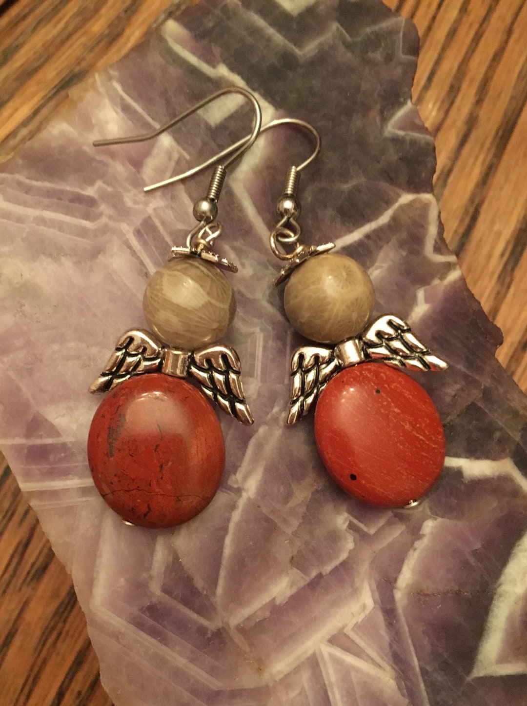 Angel Earrings-red Jasper and Fossil Coral Earrings-natural Stone ...
