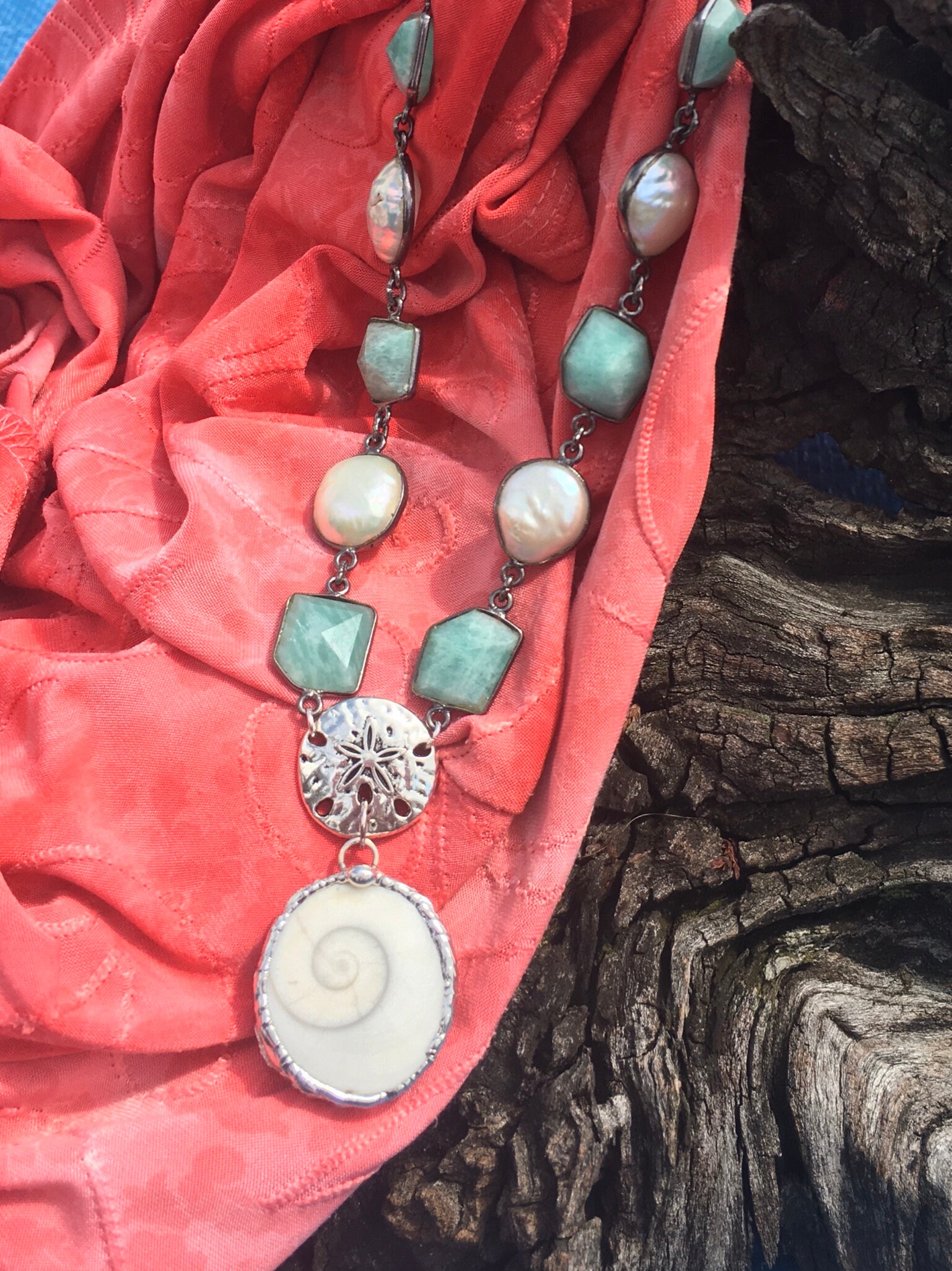 Lujoso collar de gemas costeras con amazonita natural, perla y una ...