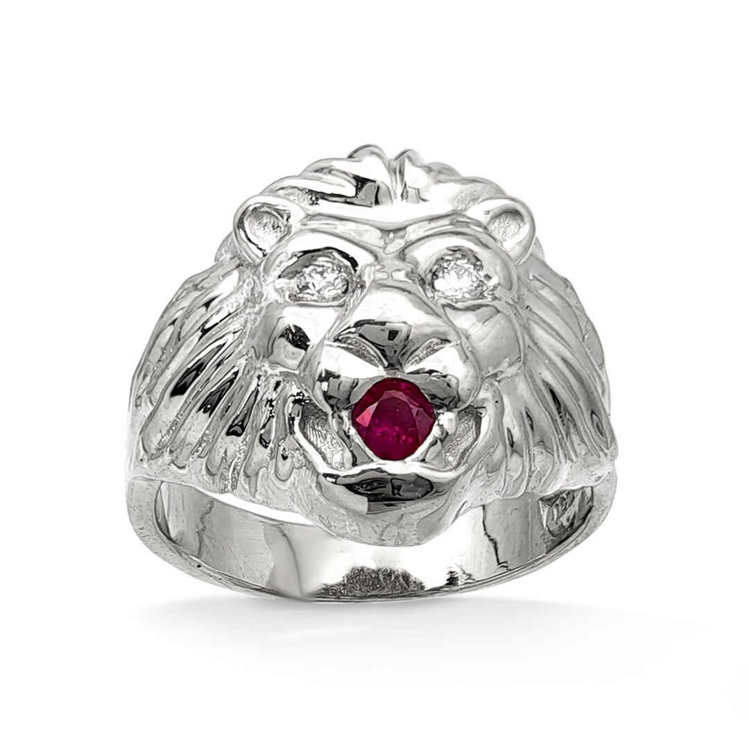 Real 18K White Gold Mens Lion Ring Diamond Eyes Ruby Mouth Size 5 – 15 ...