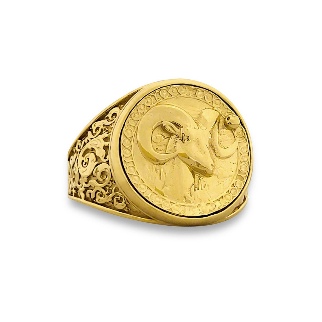 Real 18K Yellow Gold Aries Ring, Zodiac Sign Mens Gold Coin Ring ...
