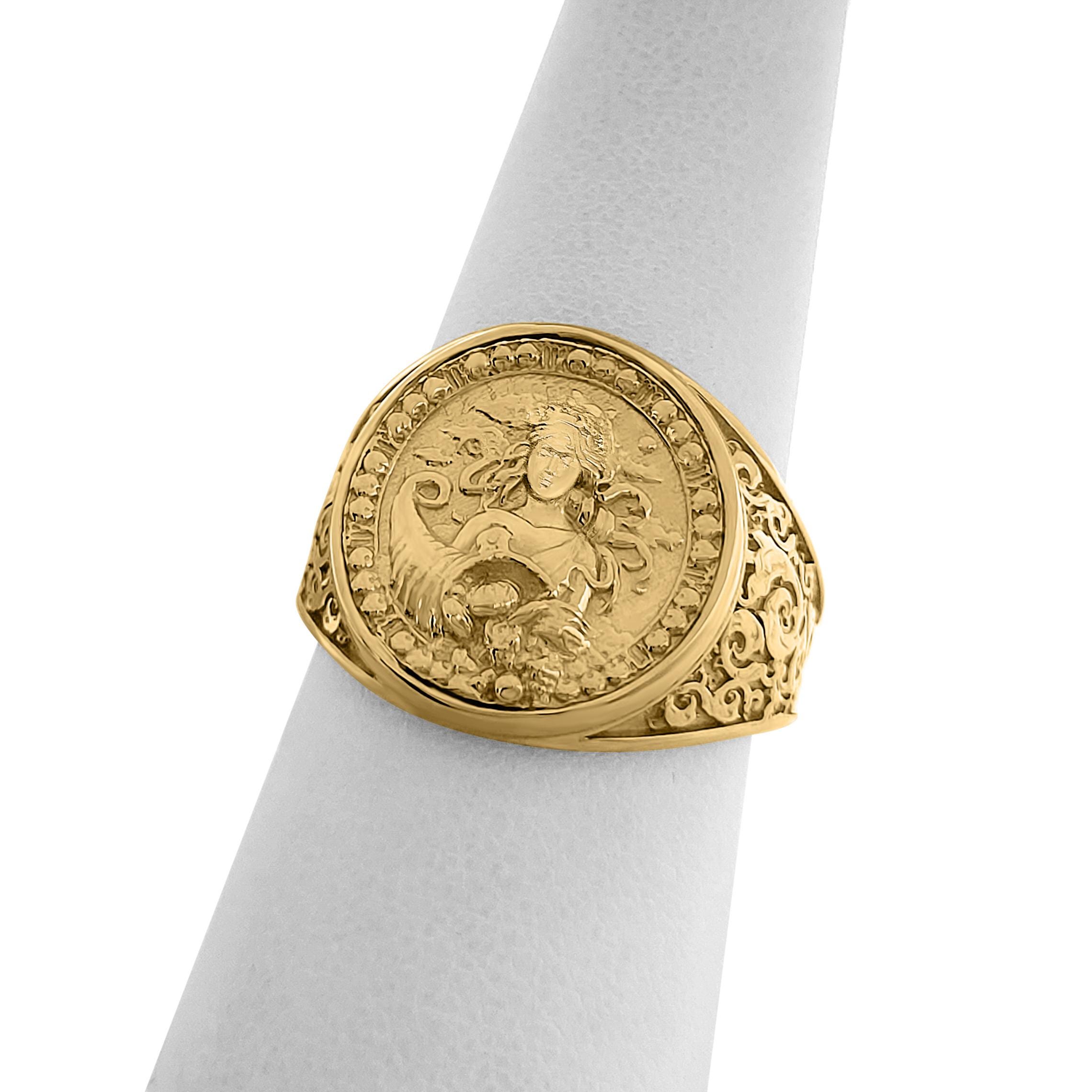 Real 18K Yellow Gold Virgo Ring, Zodiac Sign Mens Gold Coin Ring ...