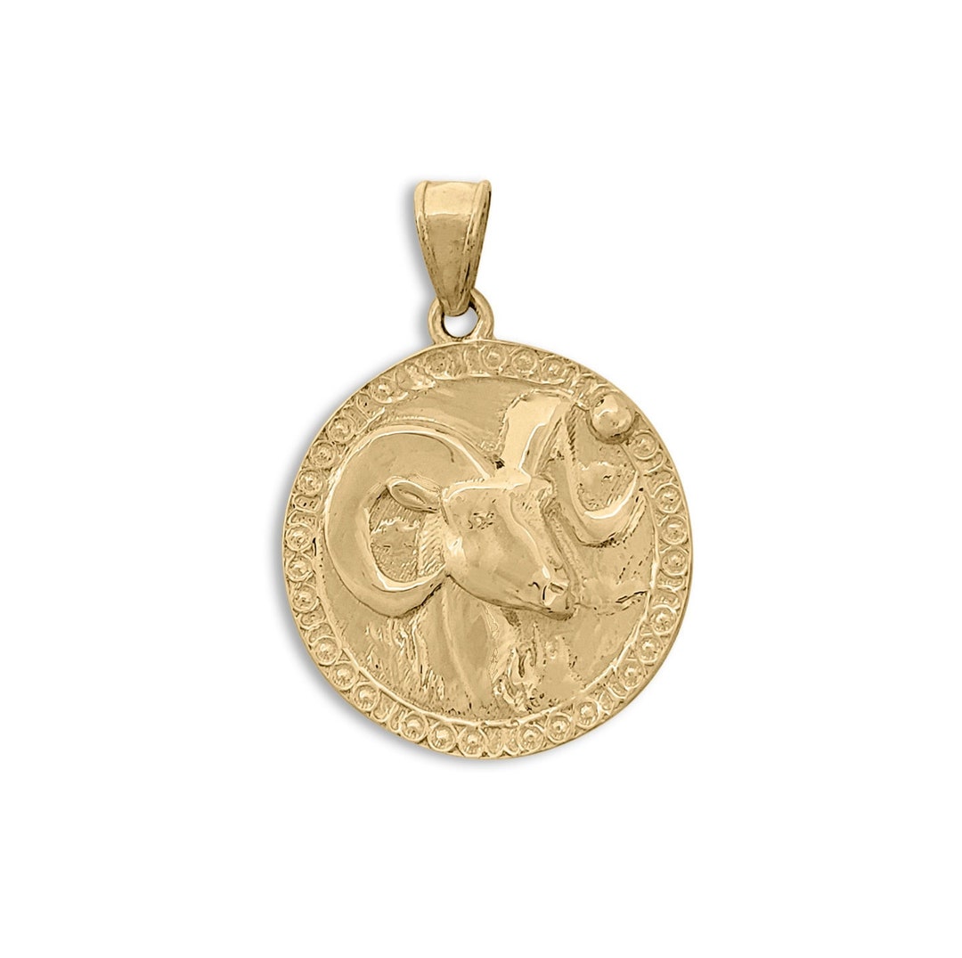 Real 18K Yellow Gold Aries Pendant, Zodiac Sign Coin Pendant Astrology ...