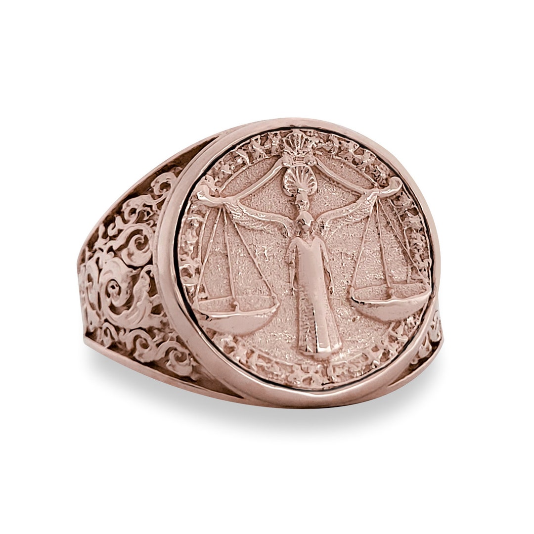 Real 14K Rose Gold Libra Ring, Zodiac Sign Mens Gold Coin Ring Astrology Jewelry - Etsy