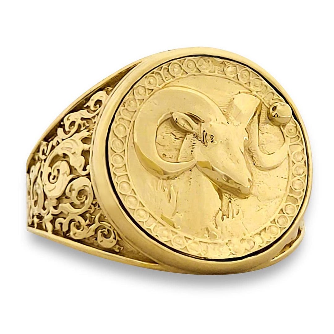 Real 10K Yellow Gold Aries Ring, Zodiac Sign Mens Gold Coin Ring ...
