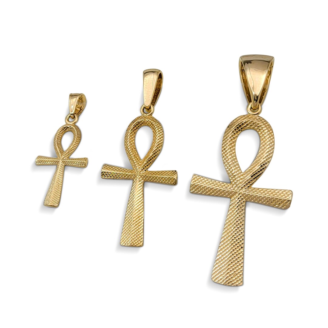 Real 18K Yellow Gold Ankh Pendant, 3 Sizes, Diamond Cut Solid Gold ...