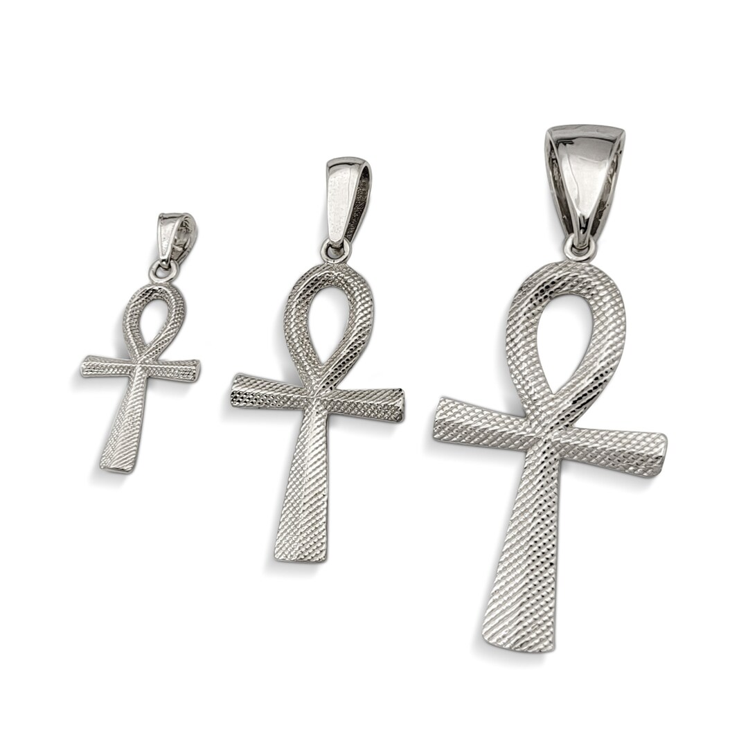 Real 18K White Gold Ankh Pendant, 3 Sizes, Diamond Cut Solid Gold ...