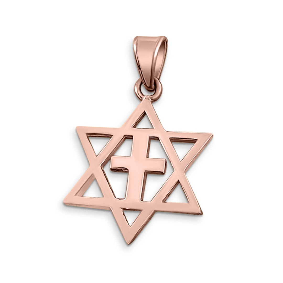 Solid 18K Rose Gold Messianic Star of David With Cross Pendant, 3 Sizes ...