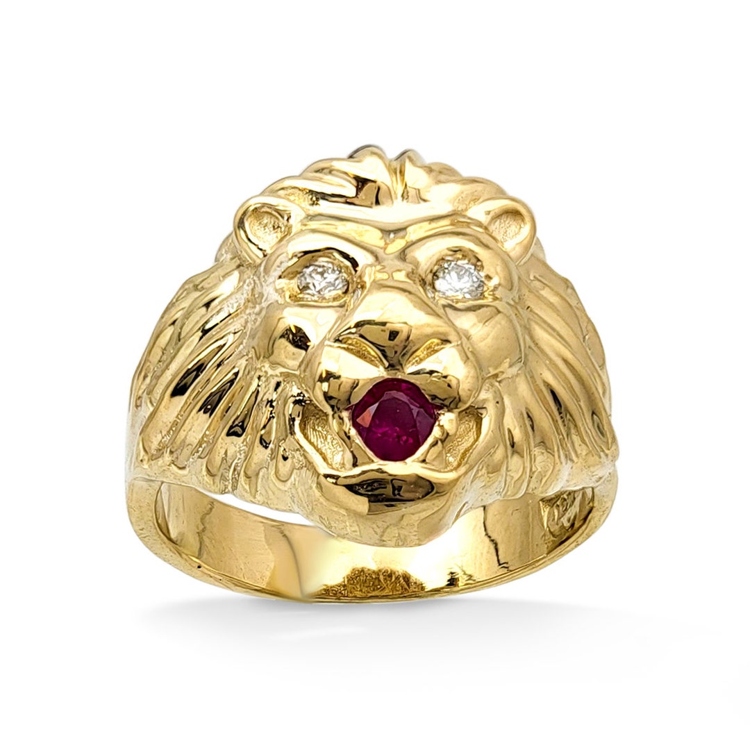 Real 14K Yellow Gold Mens Lion Ring Diamond Eyes Ruby Mouth Size 5 – 15 ...
