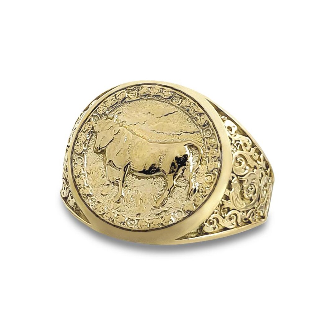 Real 14K Yellow Gold Taurus Ring, Zodiac Sign Mens Gold Coin Ring Astrology Jewelry - Etsy