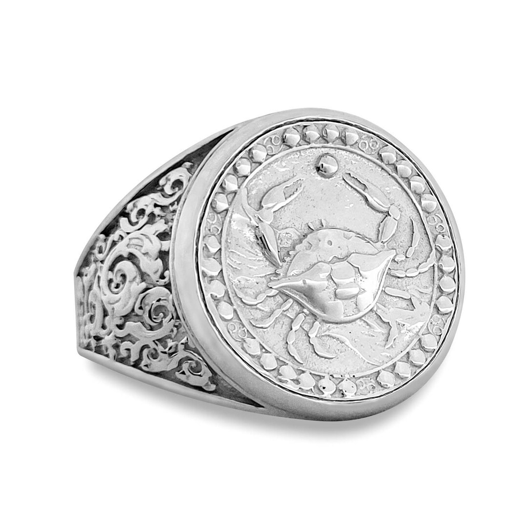 Real 18K White Gold Cancer Ring, Zodiac Sign Mens Gold Coin Ring ...