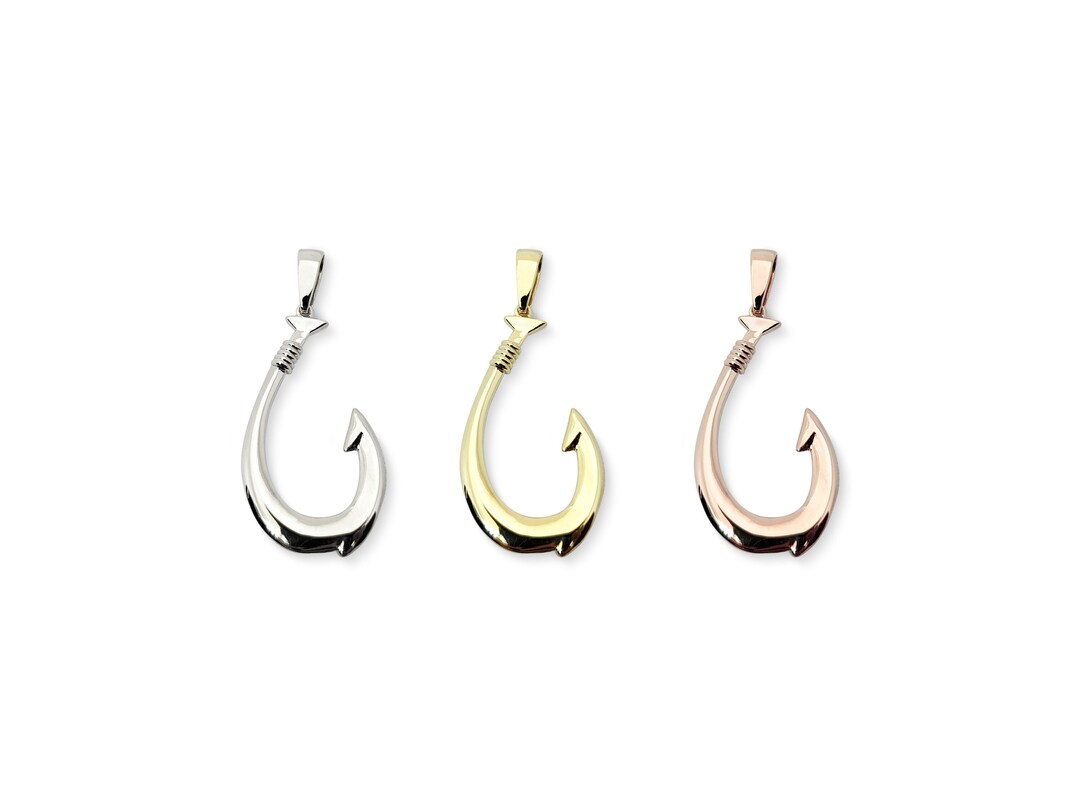 Solid 14K Yellow White or Rose Gold Fish Hook Pendant, Hawaiian Fish ...