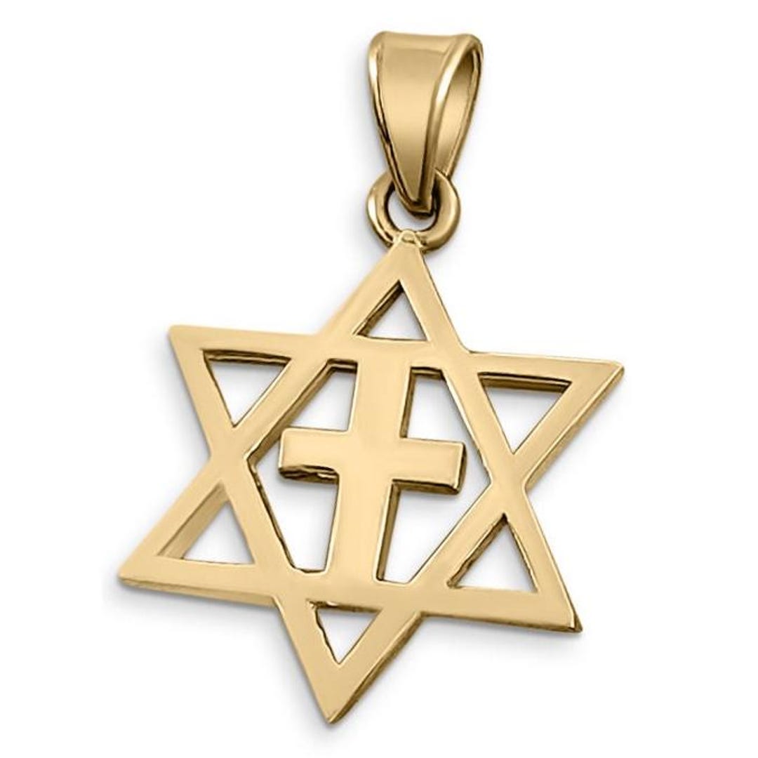 Solid 10K Yellow Gold Messianic Star of David With Cross Pendant, 3 ...
