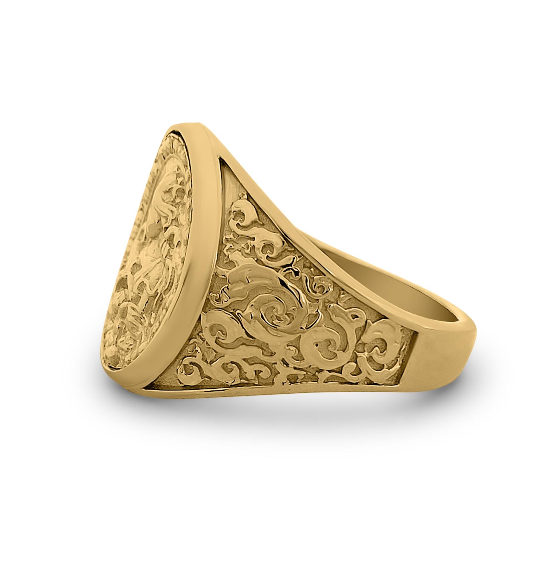 Real 18K Yellow Gold Virgo Ring, Zodiac Sign Mens Gold Coin Ring ...