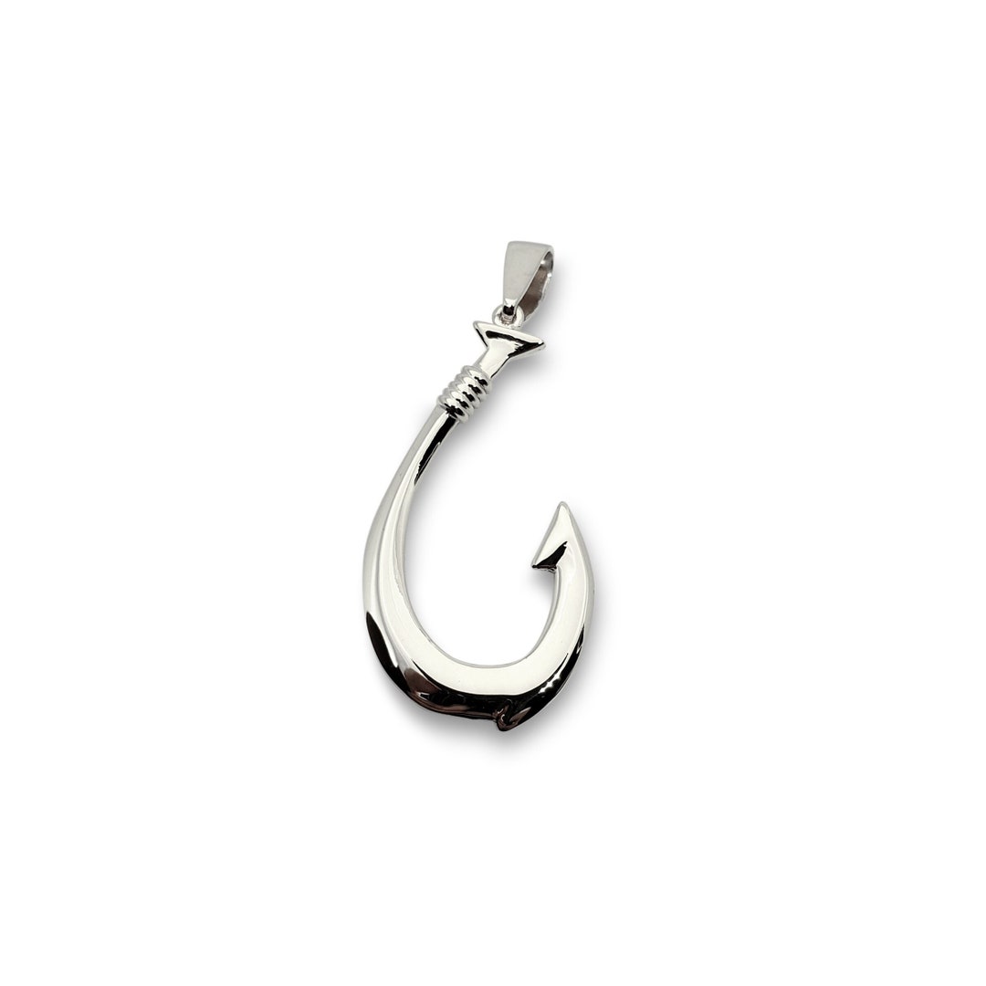 Solid 18K White Gold Fish Hook Pendant, 1 3/4 Long, 4.3 Grams, Hawaiian ...