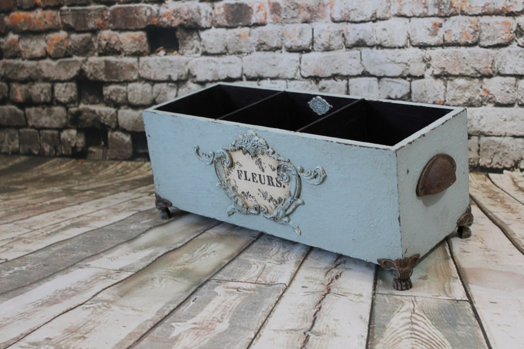 Vintage Blue Wooden Plant Box With 3 Compartments,embellished Flower ...
