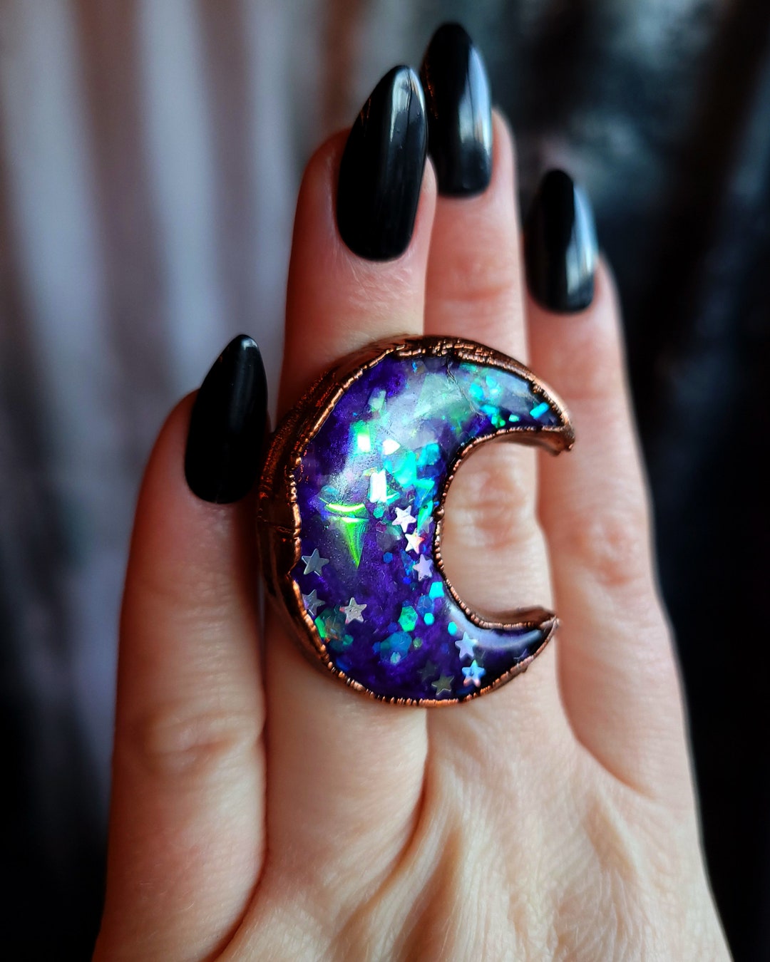 Size 5.5 Purple Moon Ring Crescent Night Sky Galaxy Witchy Magic Statement Resin Copper Ring - Etsy