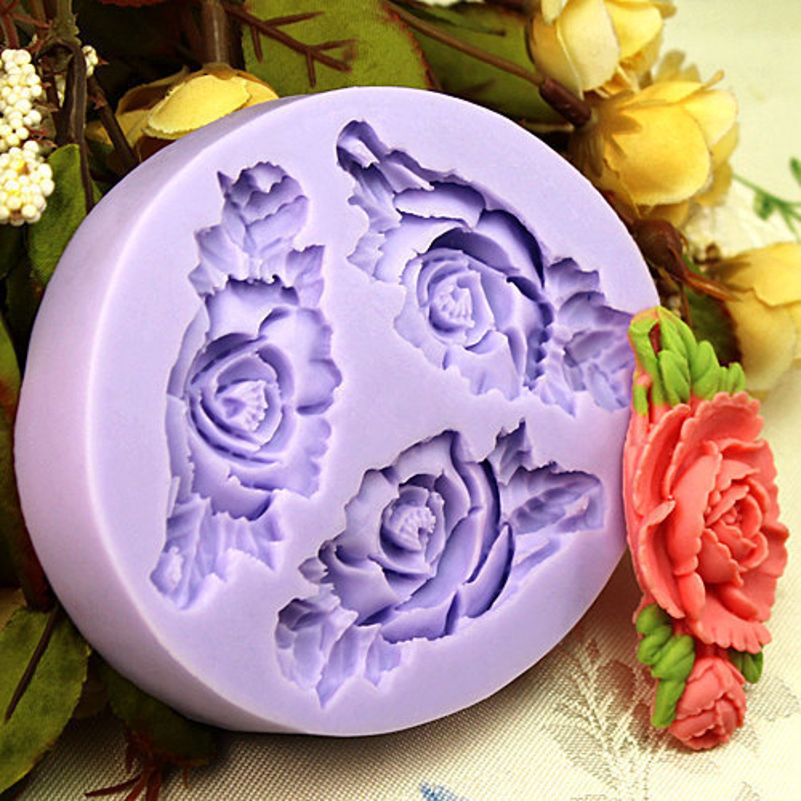 3-blooming Flowers Greenery Resin Mold Fondant Mold Flexible | Etsy