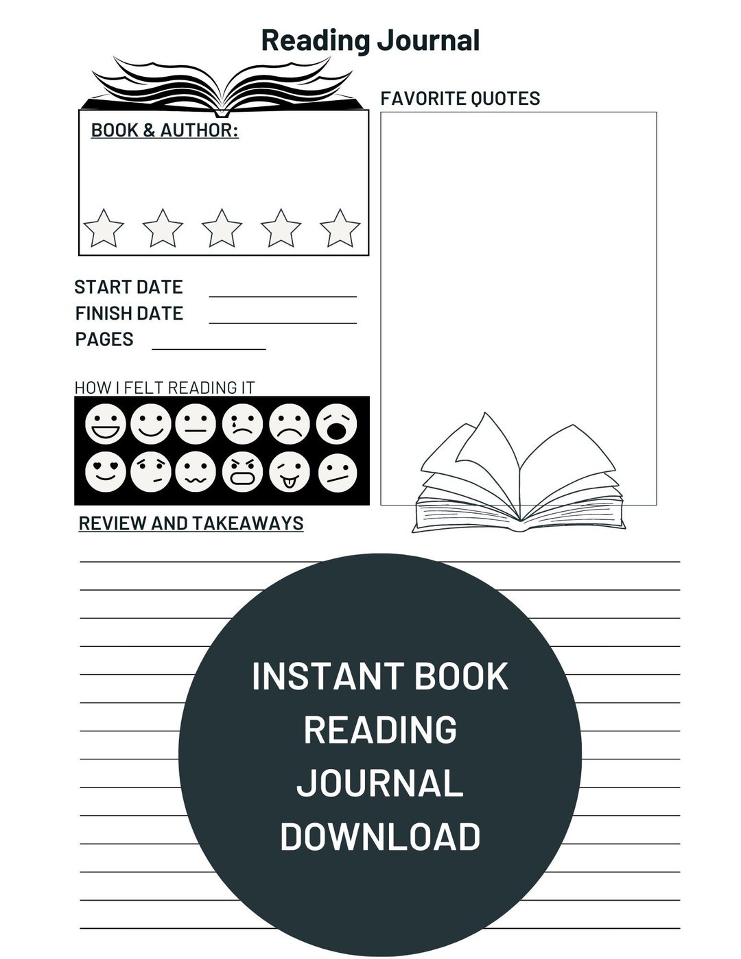Reading Book Journal Log Review Template Digital Download - Etsy