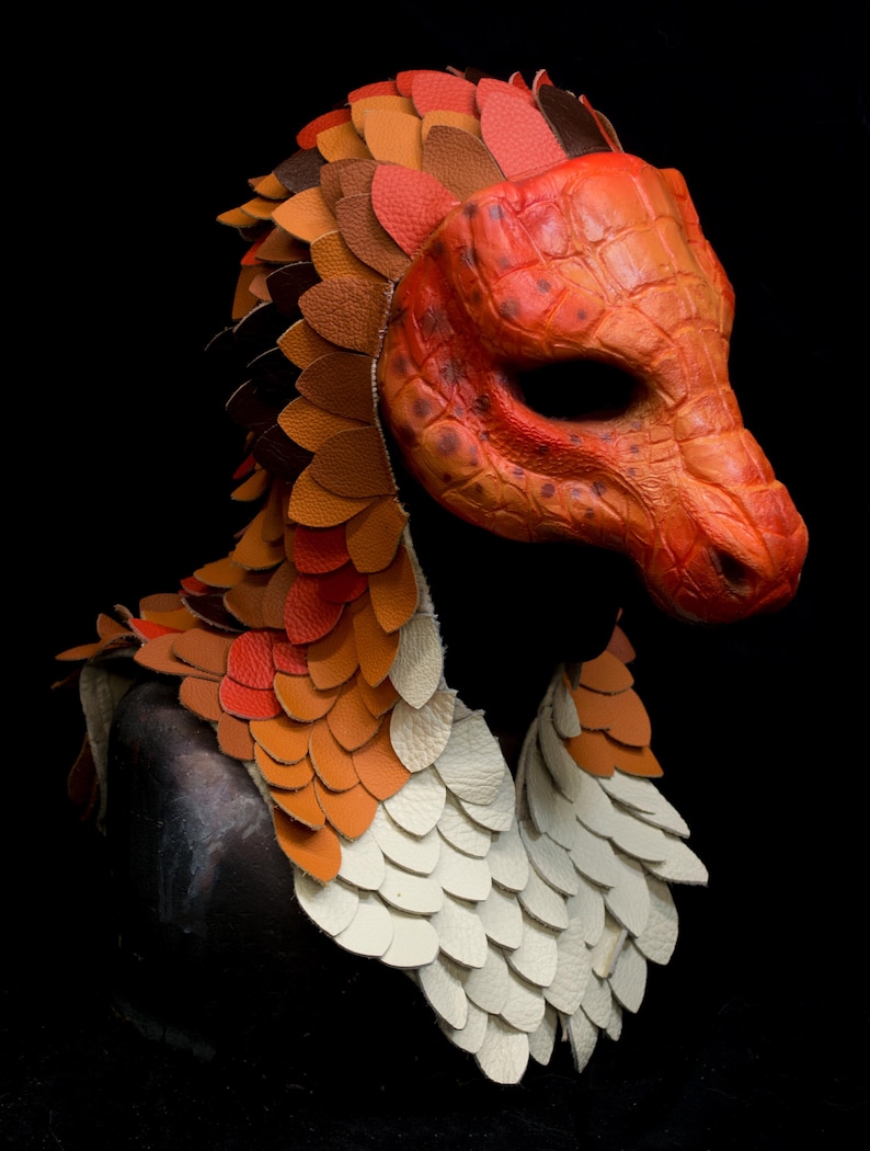 Orange Dragon, Durable, Leather Scale Hooded Mask for LARP, Performance ...