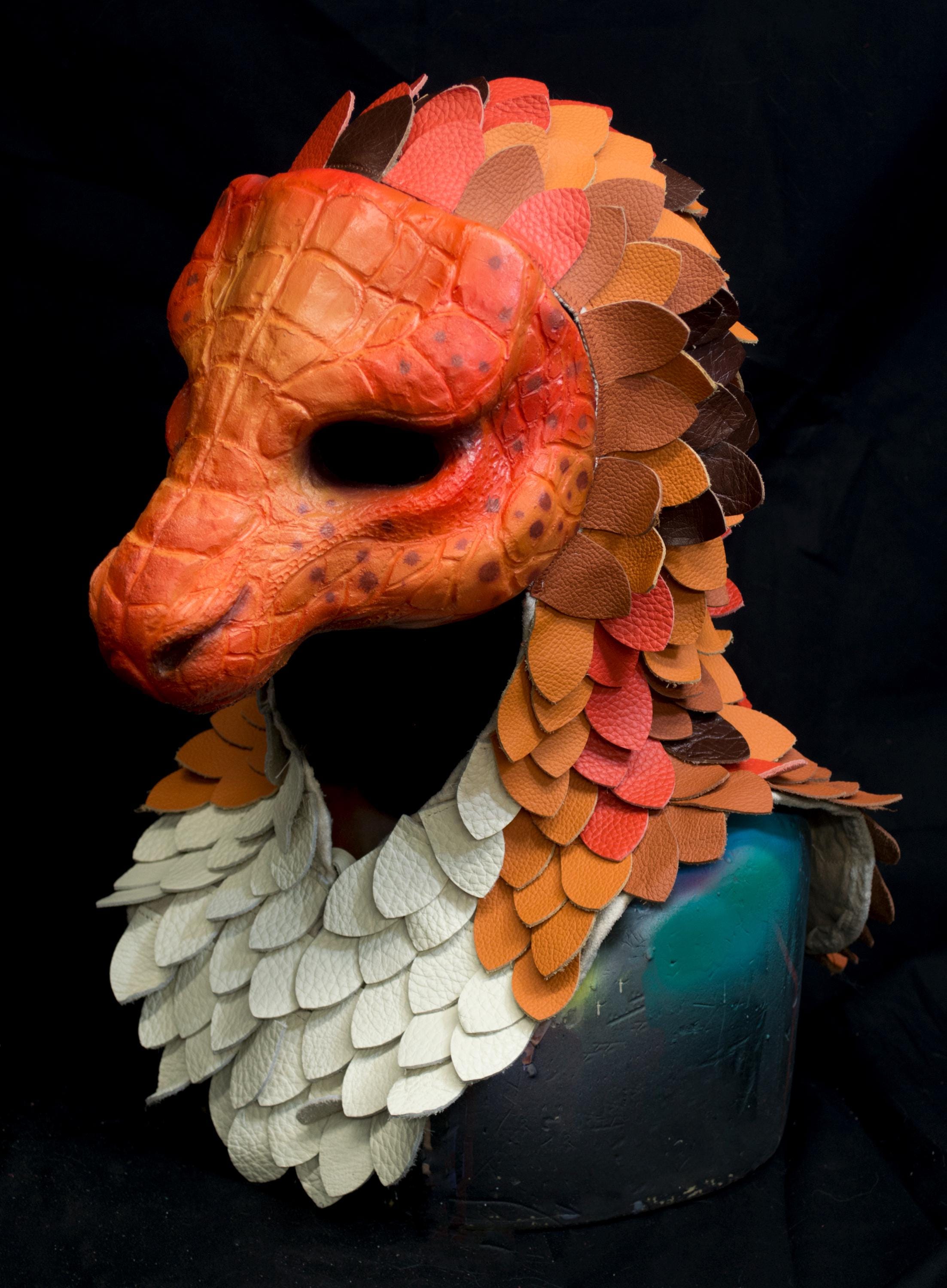 Orange Dragon, Durable, Leather Scale Hooded Mask for LARP, Performance ...