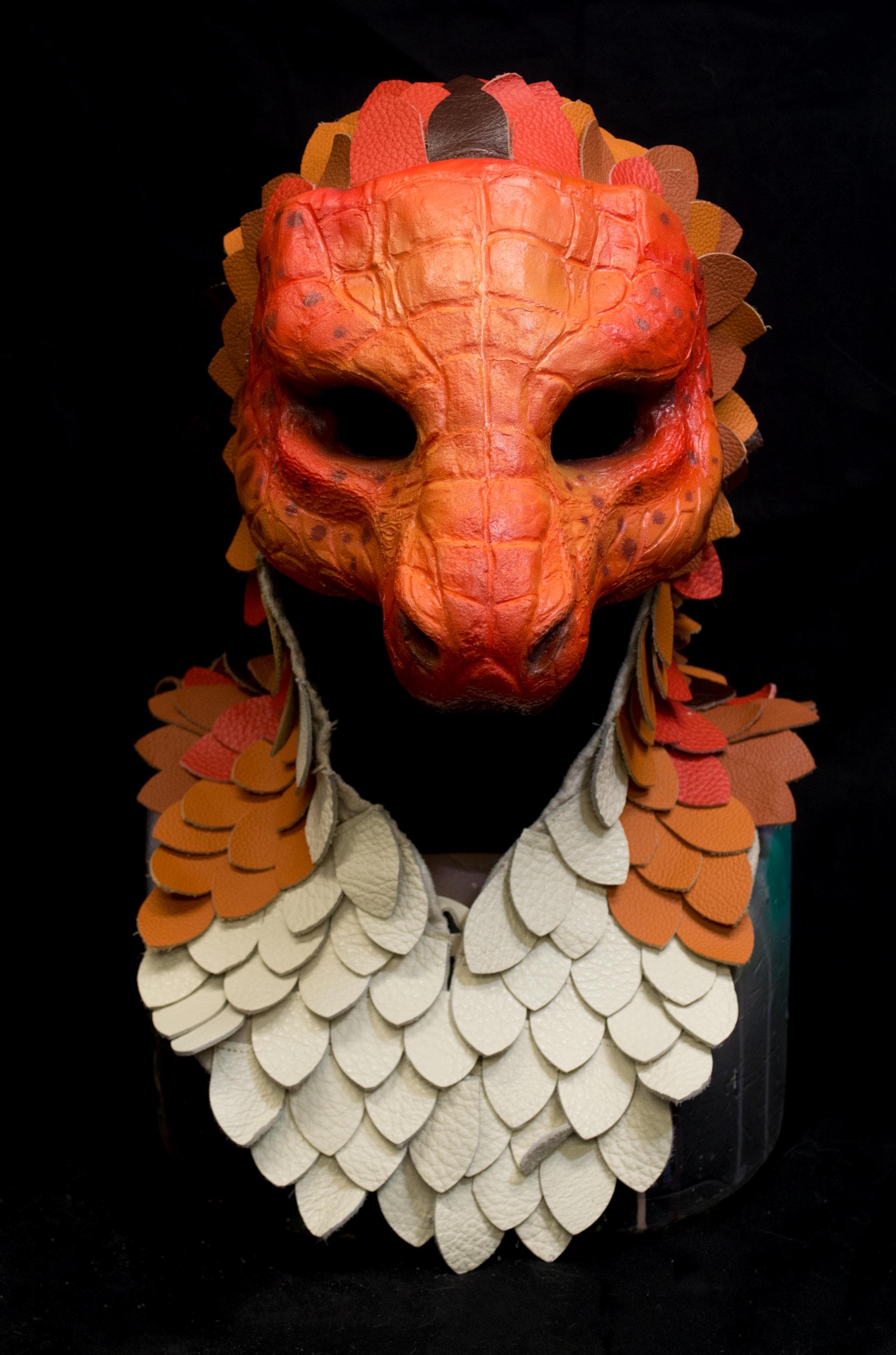 Orange Dragon, Durable, Leather Scale Hooded Mask for LARP, Performance ...