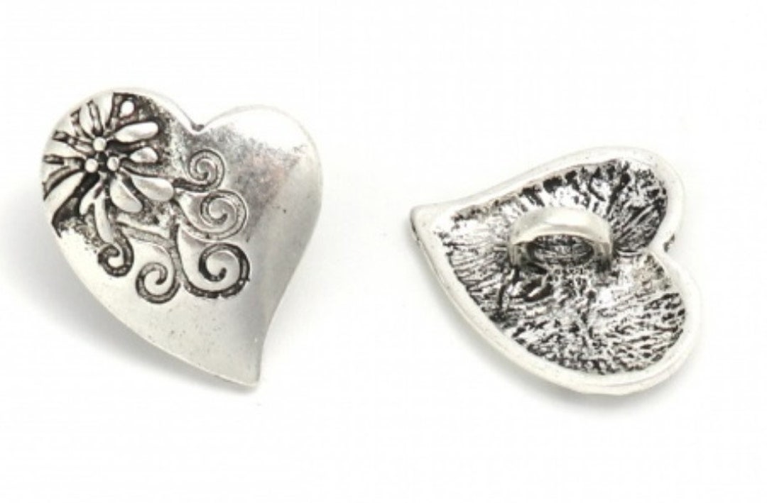 6 Pcs. Silver Heart Button - Antique Silver Metal Shank Buttons - 20mm ...