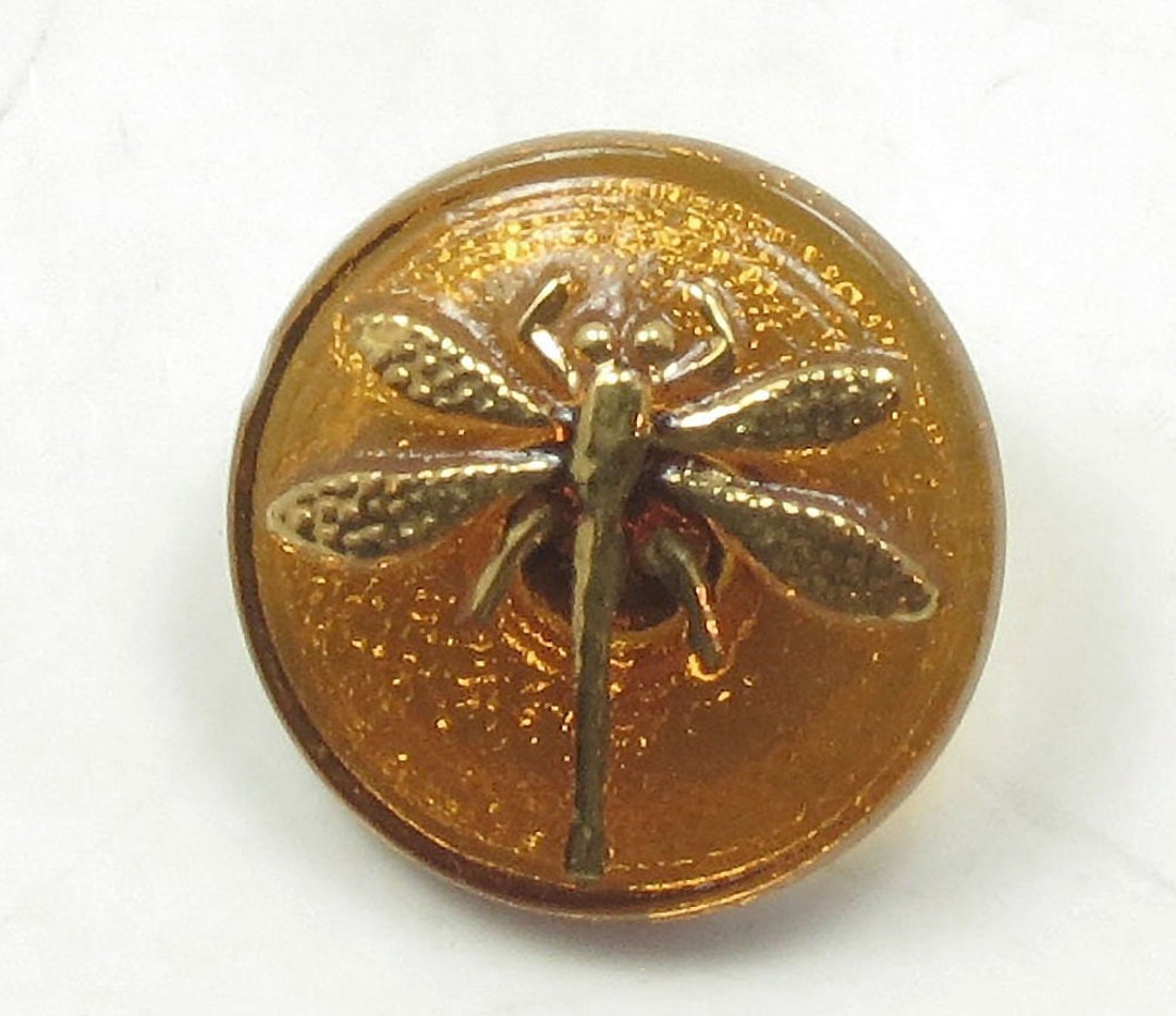 18mm Czech Glass Button - Topaz Glass Button With Gold Dragonfly ...