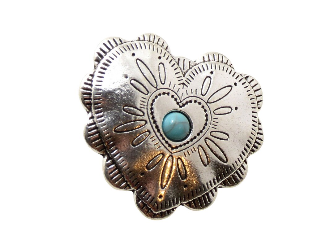 3 Pcs Silver Southwest Heart Concho Buttons - Turquoise Resin Cabochon ...