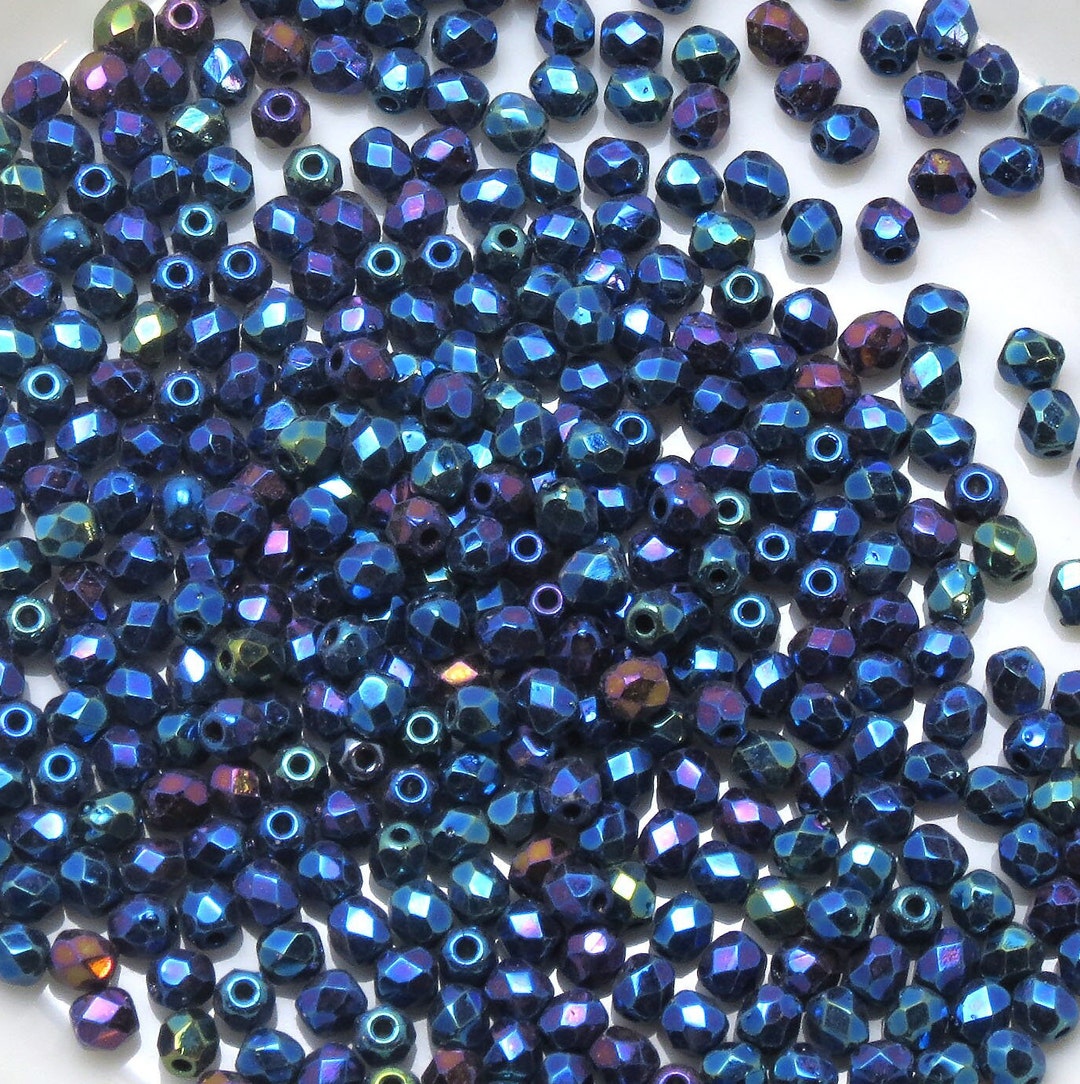3MM FIRE POLISHED BEADS -jet Blue Iris - Czech Faceted Round Beads - 50 ...