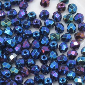4MM FIRE POLISHED BEADS -jet Blue Iris - Czech Faceted Round Beads - 50 ...