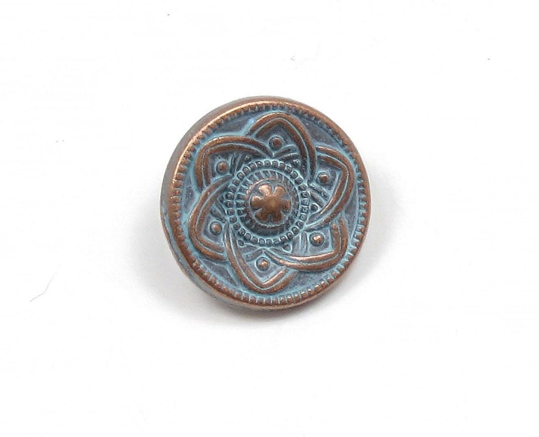 6 Pcs. Antique Copper Patina Metal Button - Copper and Turquoise Round ...
