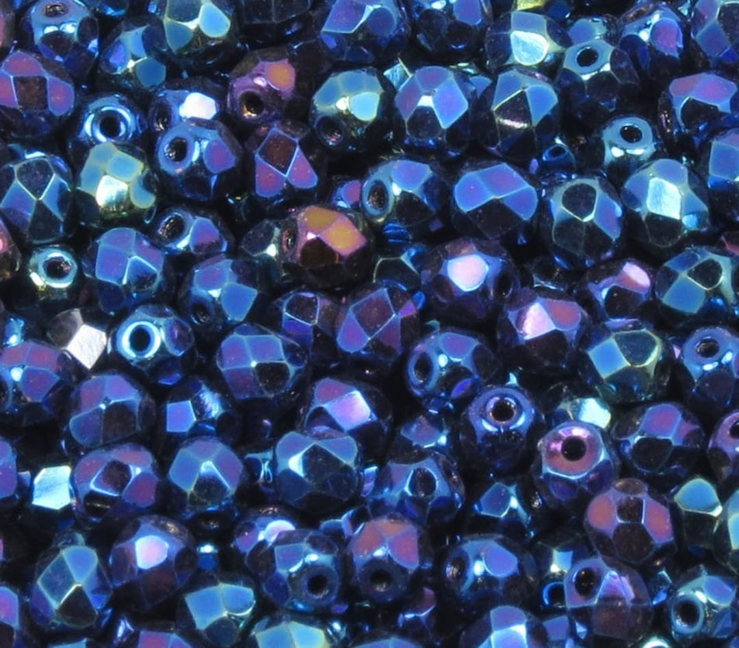 4MM FIRE POLISHED BEADS -jet Blue Iris - Czech Faceted Round Beads - 50 ...