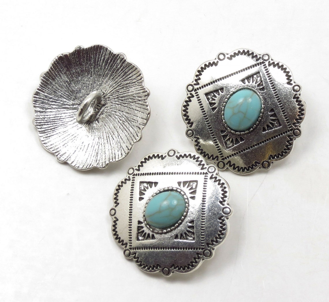 3 Silver Southwestern Turquoise Concho Buttons - Antique Silver Metal ...