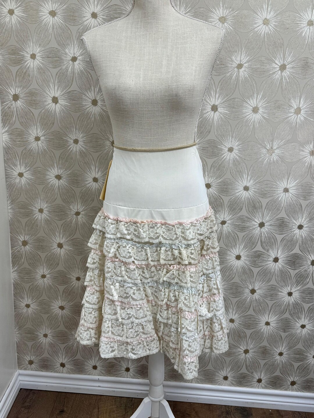 Vintage Layered White Lace Petitcoat With Pink and Blue Satin Lace - Etsy