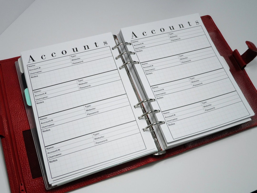 Accounts Log / Password Insert for Filofax, Kikki K, Etc. - A5 and ...