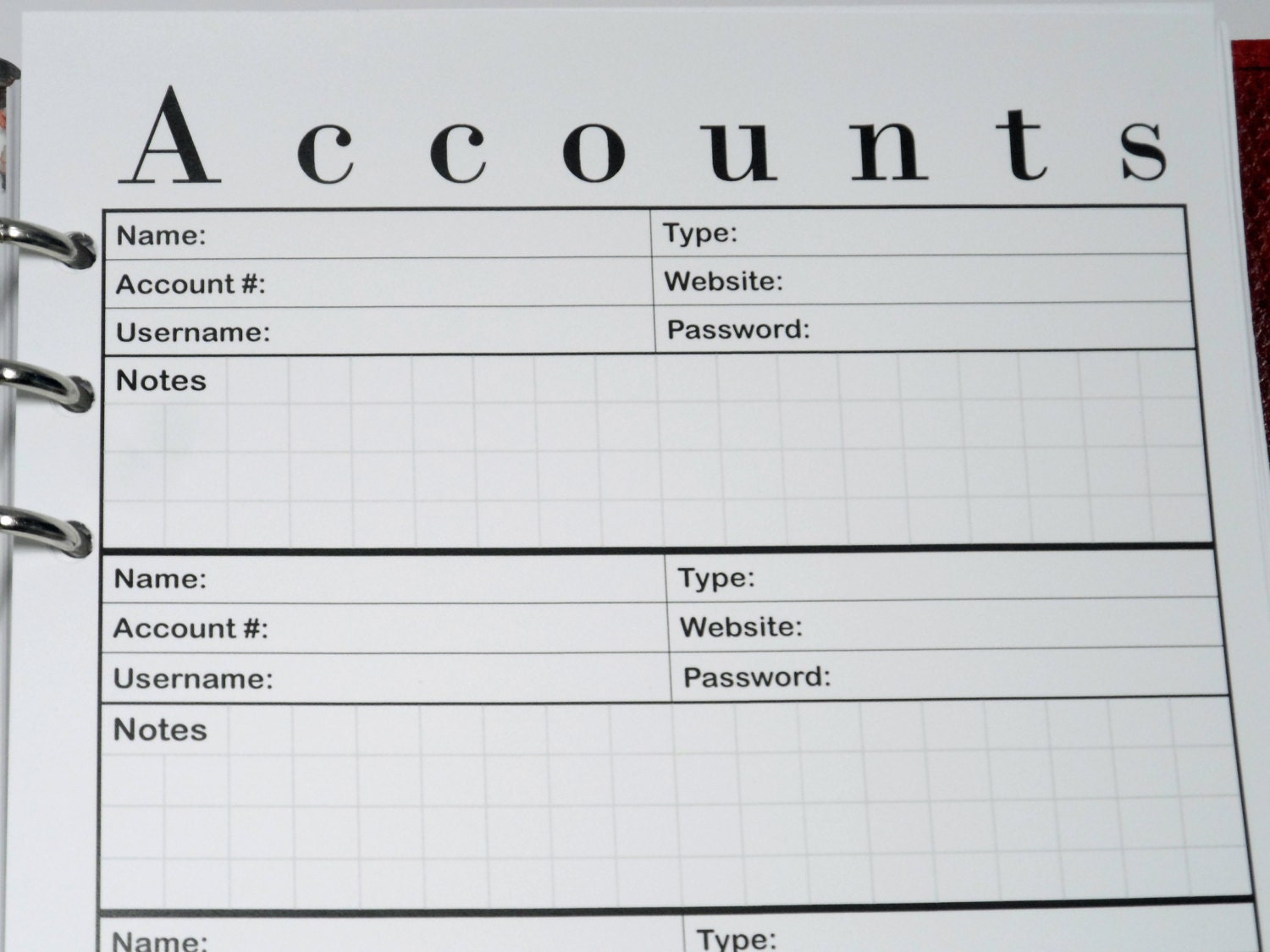Accounts Log / Password Insert for Filofax Kikki K Etc. A5 | Etsy