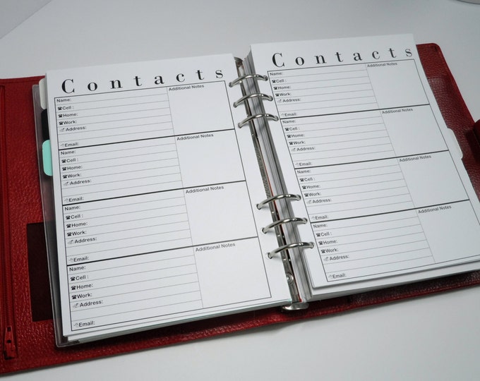 Contacts / Address Book Insert for Filofax, Kikki K, Pellostudio - A5 ...