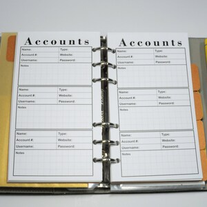 Accounts Log / Password Insert for Filofax, Kikki K, Etc. - A5 and ...