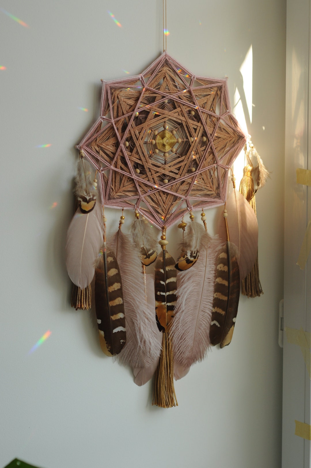 Mandala God's Eye Ojo De Dios With Pheasant and Ostrich Feathers, Woven ...