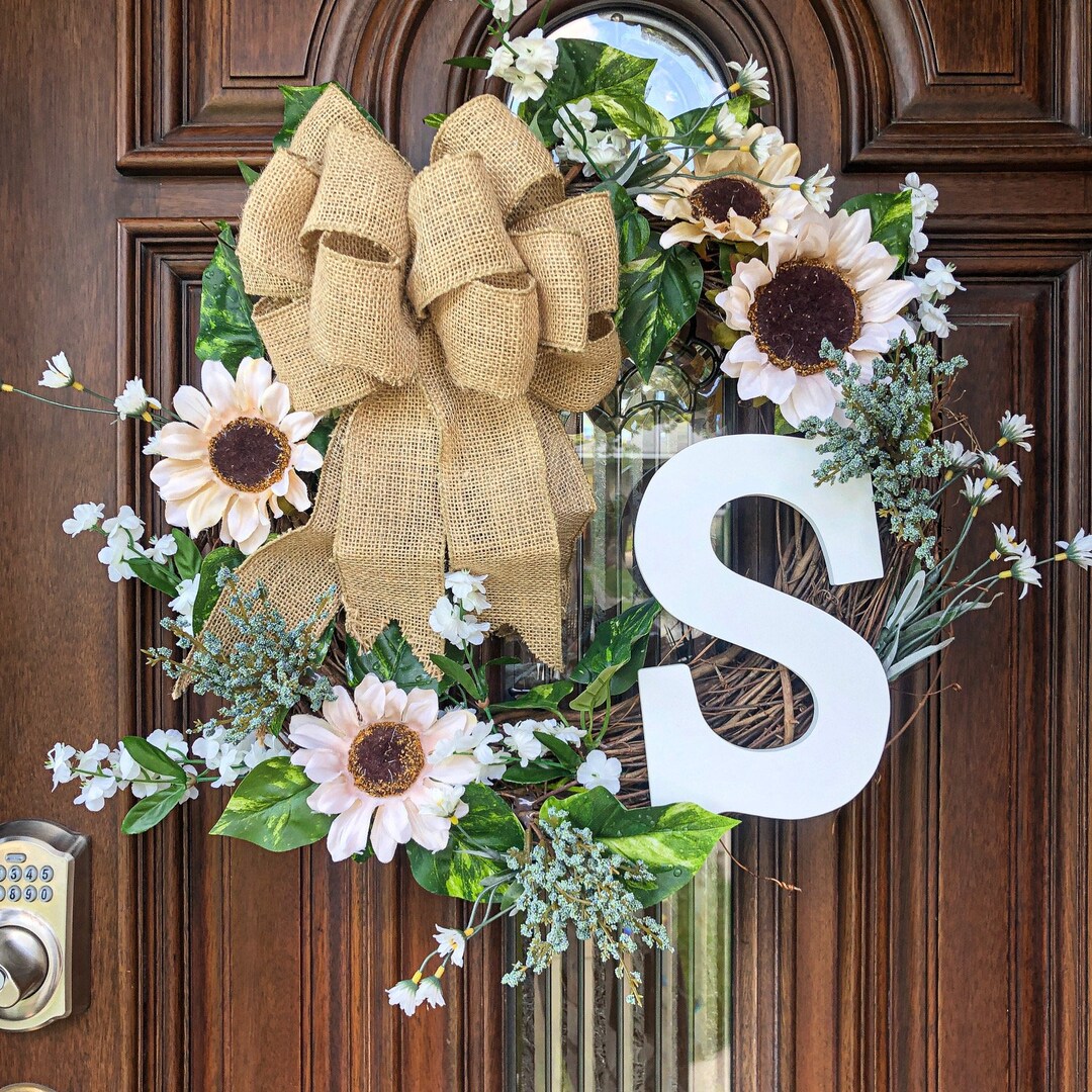 Sunflower Wreath Monogrammed Front Door Wreath Farmhouse Burlap Wreath ...