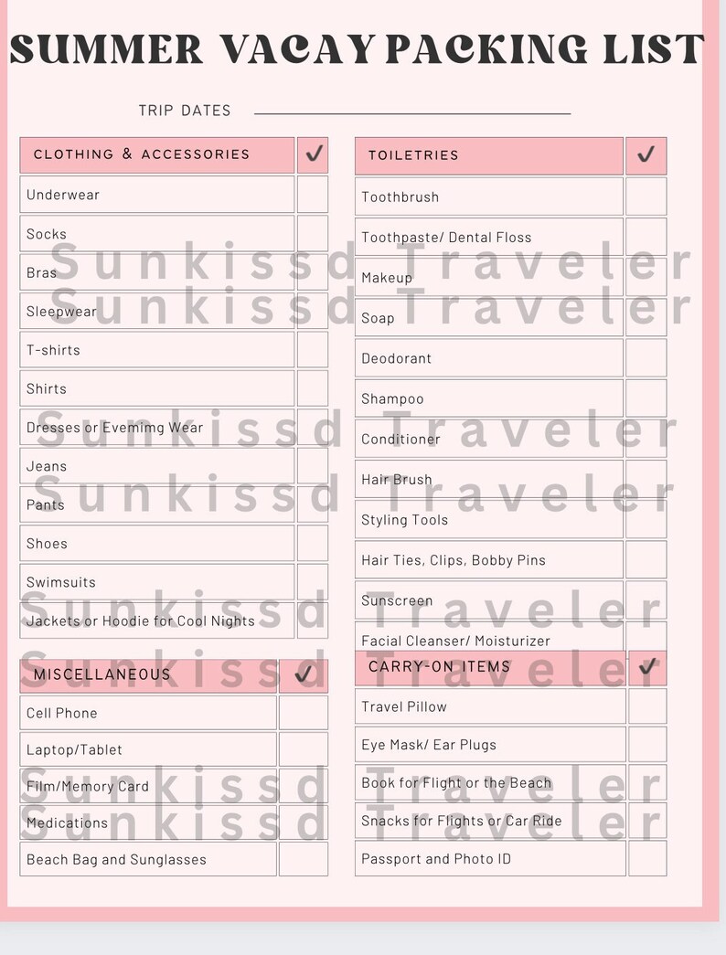 Summer Vacay Packing List - Etsy