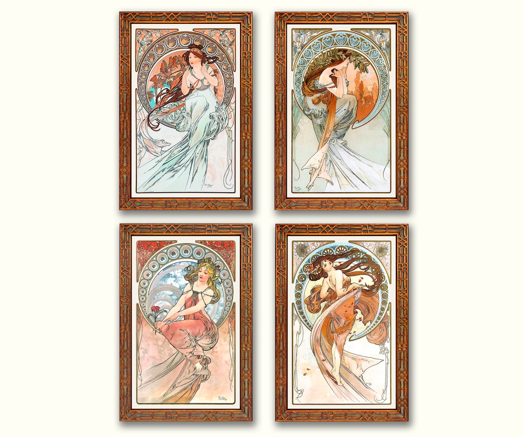 Art Nouveau Mucha Set of 4 Decorative Panels, Boho, Hippie Wall Art ...