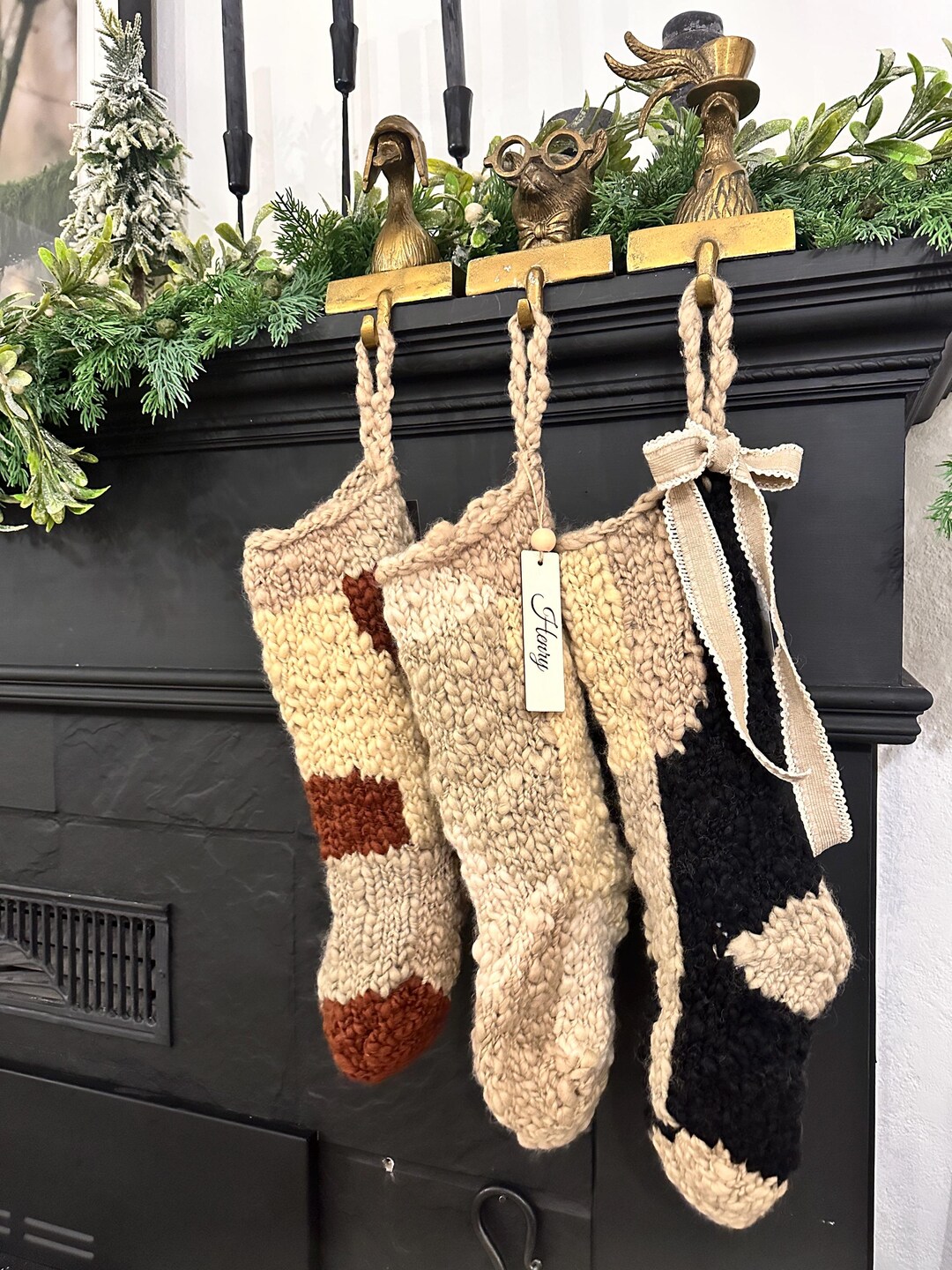 Handmade Knit Christmas Stockings Block Print Neutral Farmhouse Decor ...